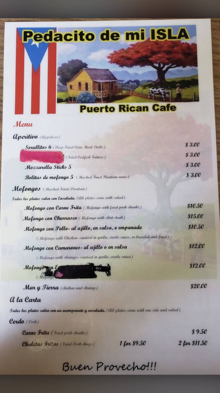 Carta de Pedacito de mi ISLA Puerto Rican Cafe, Daleville