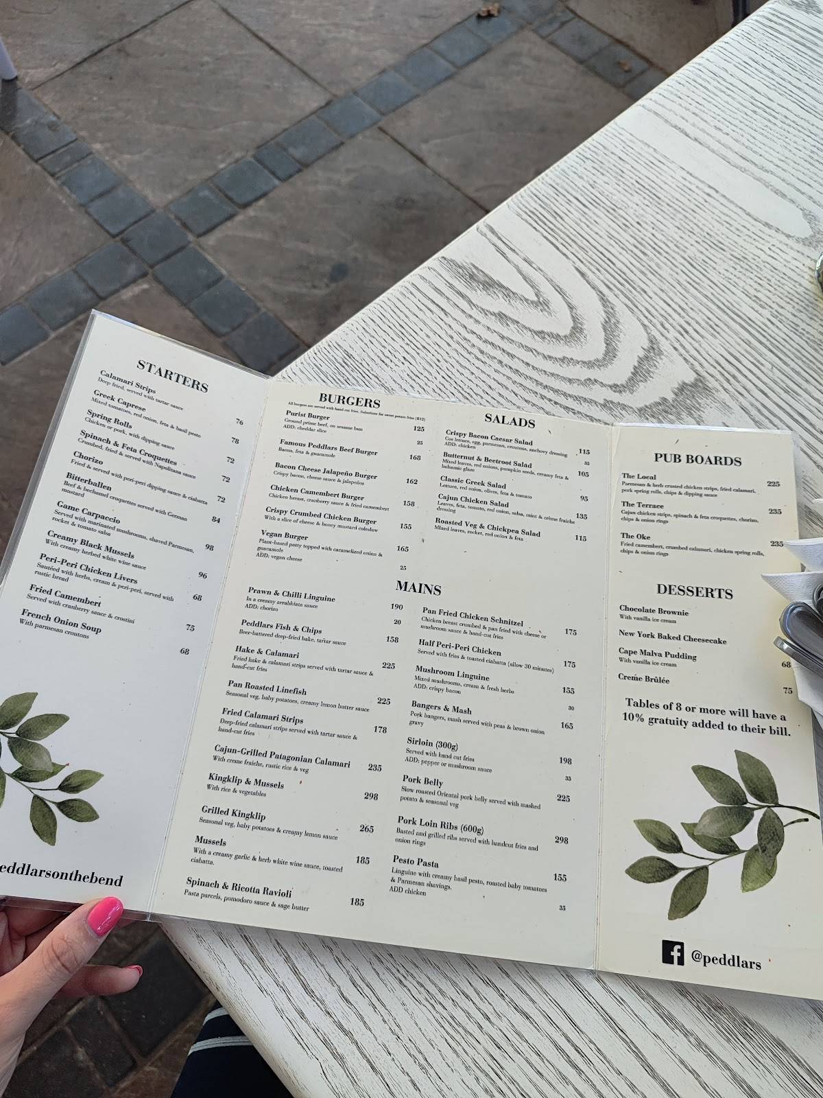Menu at Peddlars restaurant, Cape Town