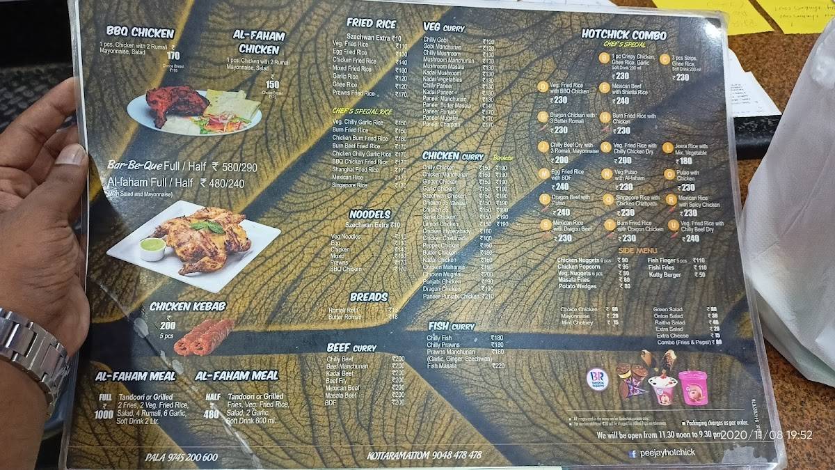 Menu at Peejay's Hot Chick, Pala