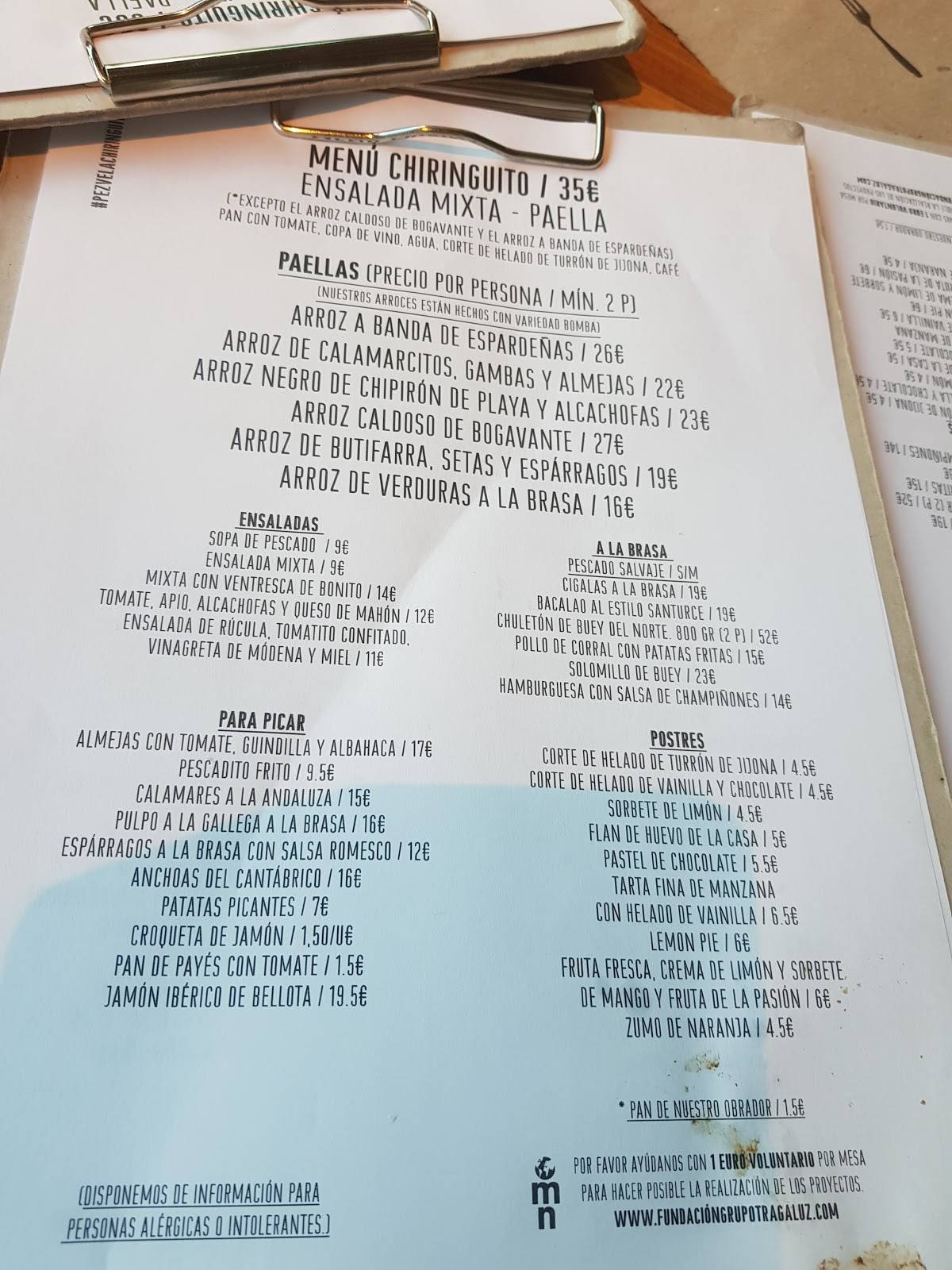 Menu at Peix Vela restaurant, Barcelona