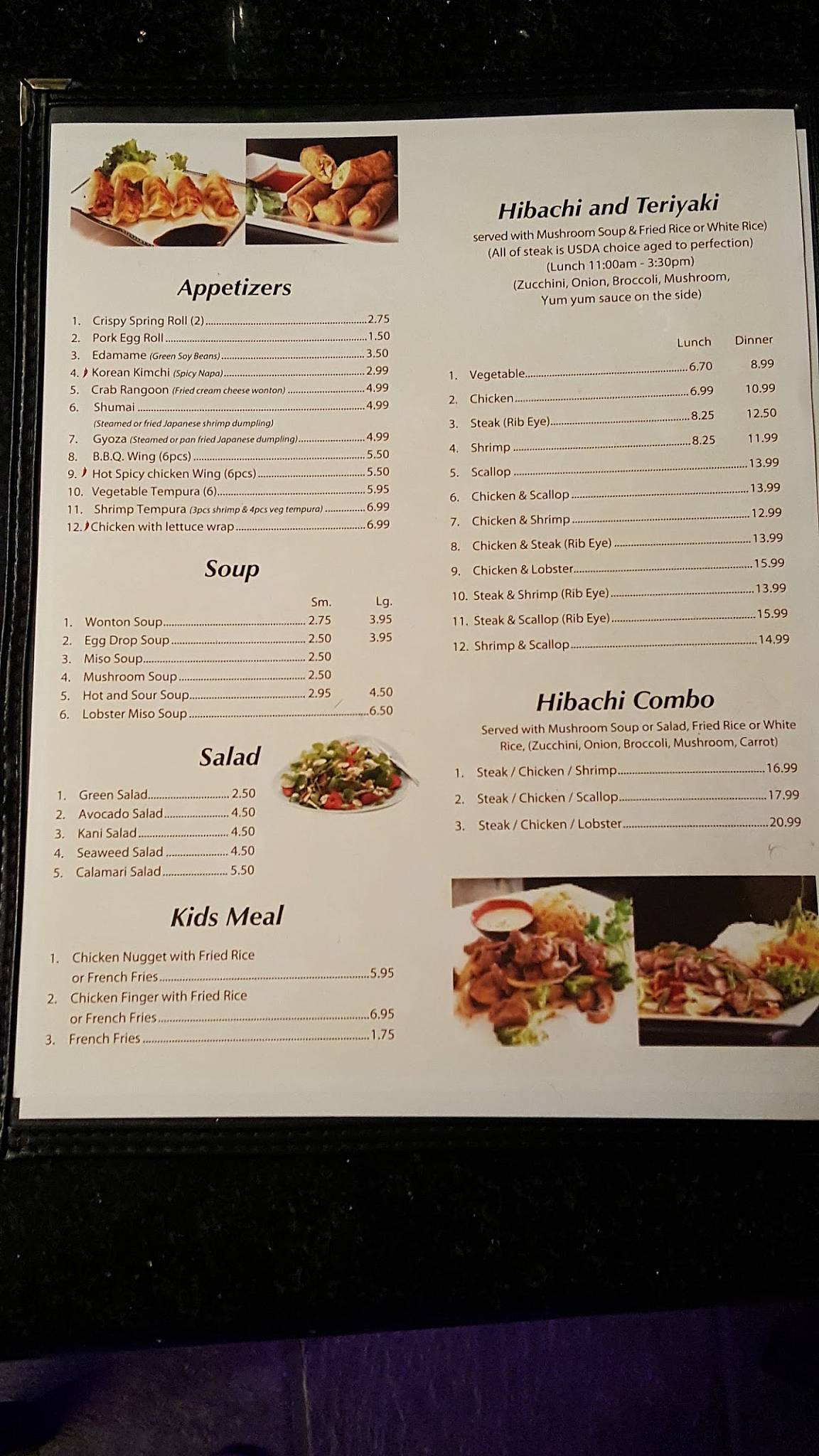 Menu at Pekin Tokyo restaurant, Allen Park