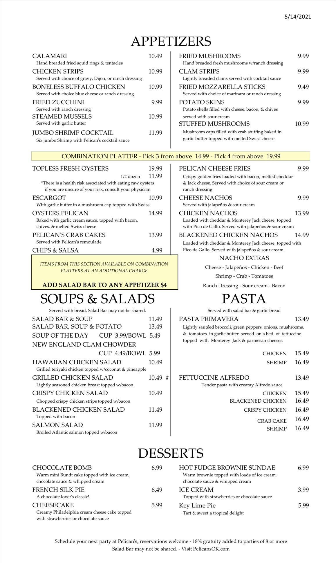 Menu at Pelican's Restaurant, Midwest City