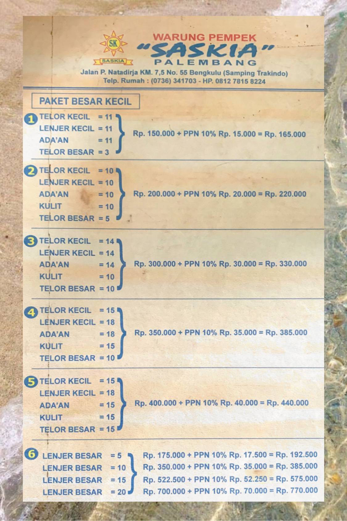 Menu at Pempek Saskia restaurant, Bengkulu