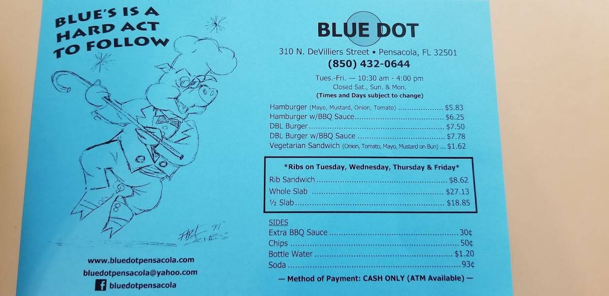 Menu at Blue Dot BBQ, Pensacola