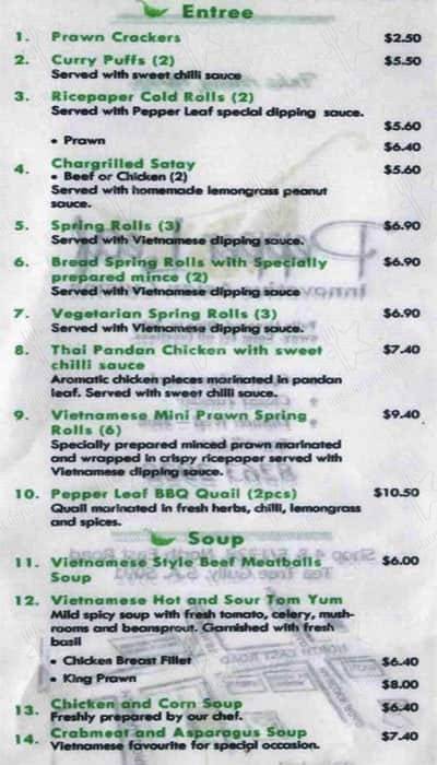 Menu at Pepper Leaf Innovative Asian Cuisine restaurant, Tea Tree Gully