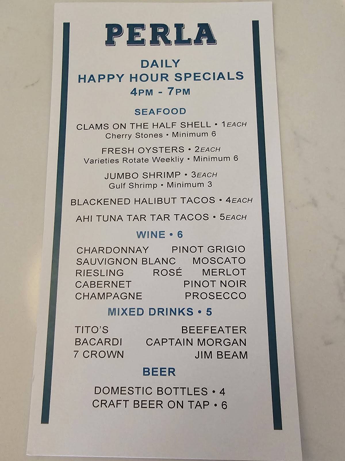 Carta del pub y bar Perla Seafood Bistro, Depew