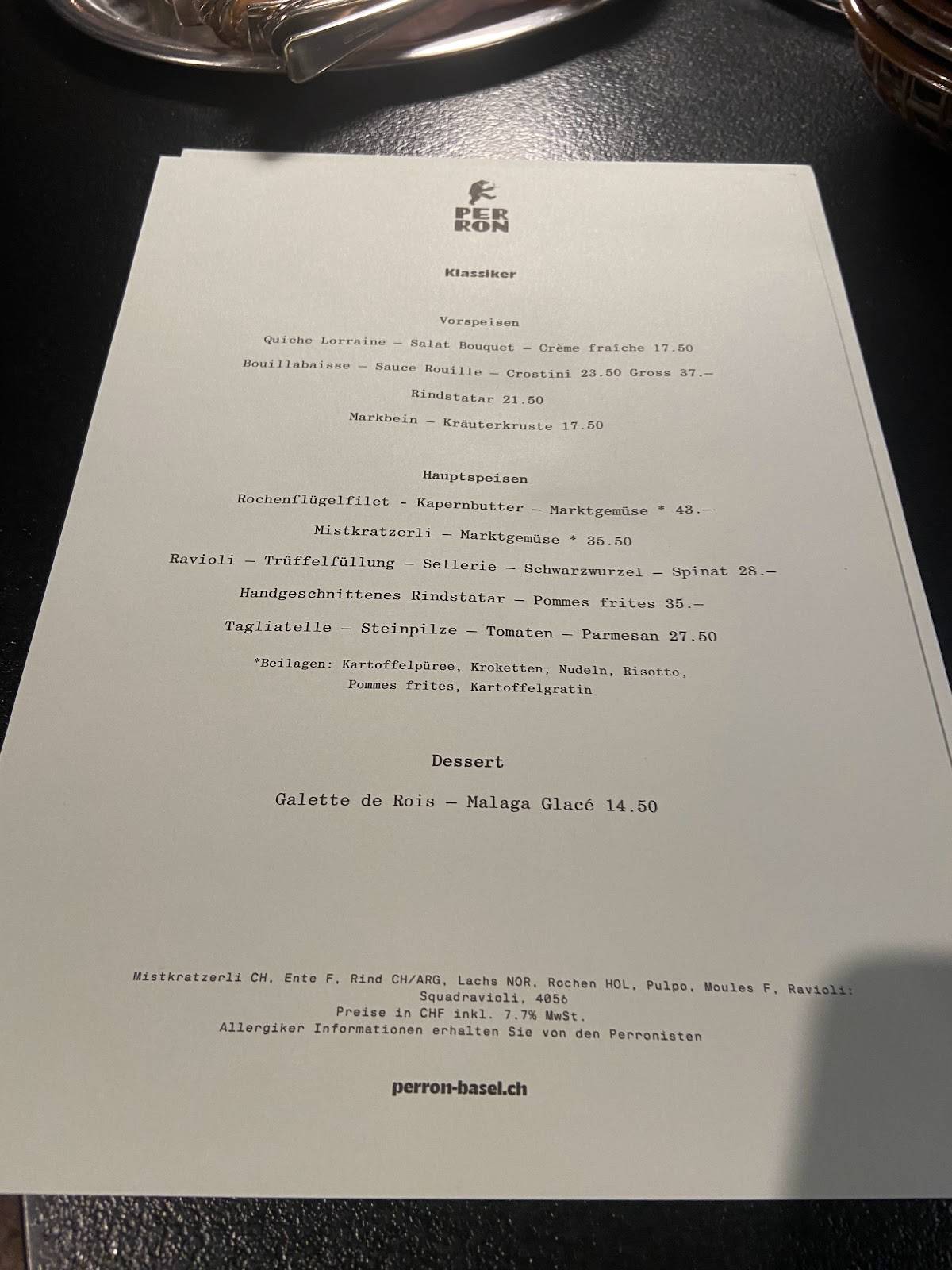 Speisekarte von Perron – Brasserie & Bar, Basel