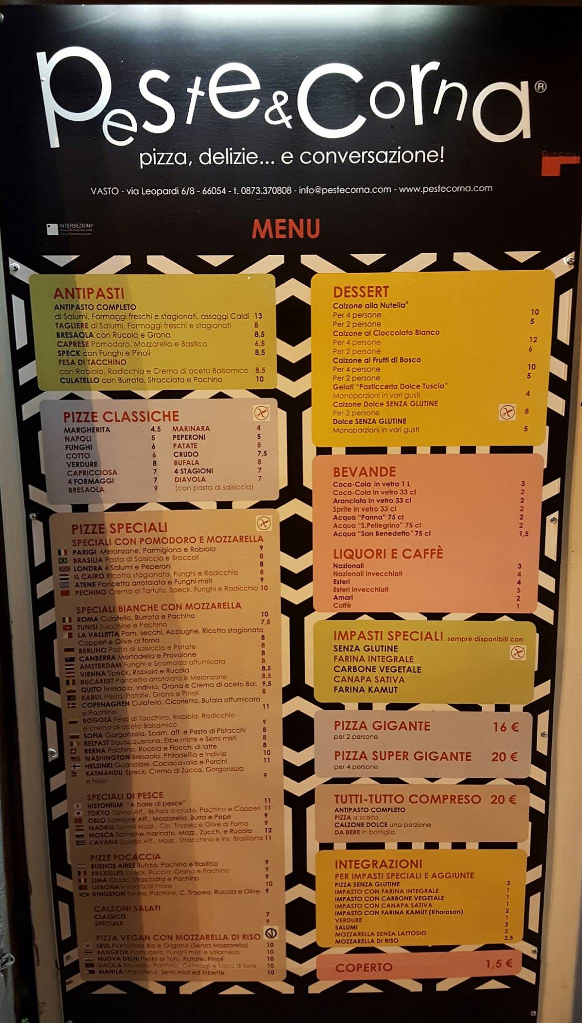 Menu da Peste & Corna ristorante, Vasto