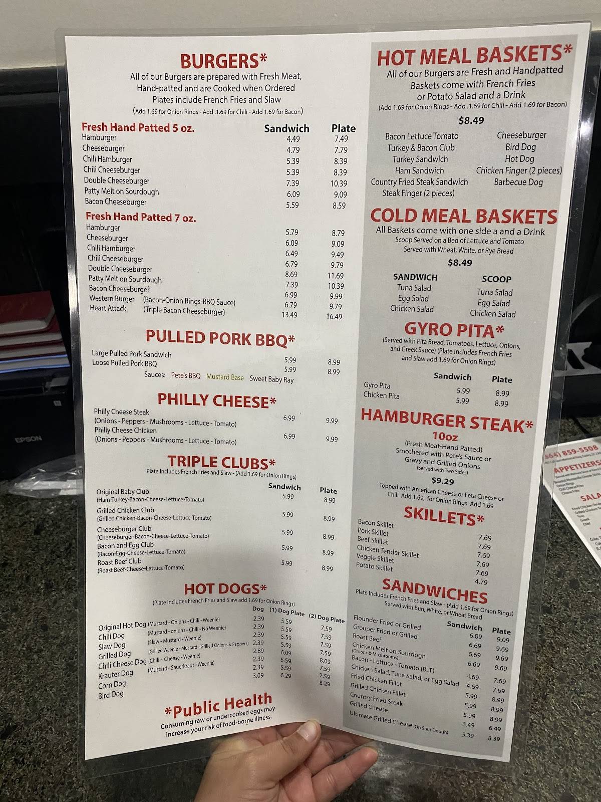 Menu at Pete's Drive In restaurant, Easley