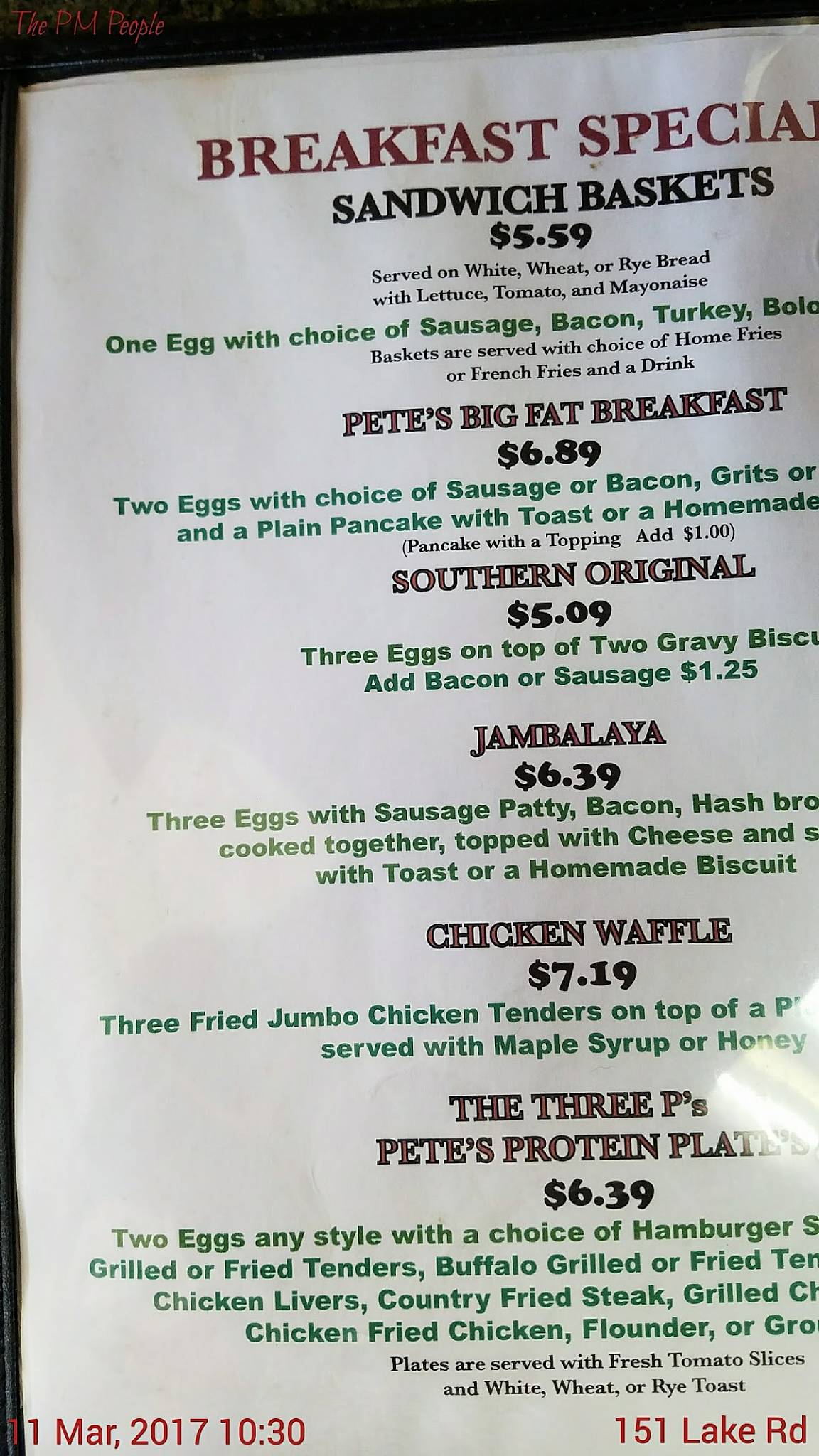 Menu at Pete's Drive In restaurant, Easley