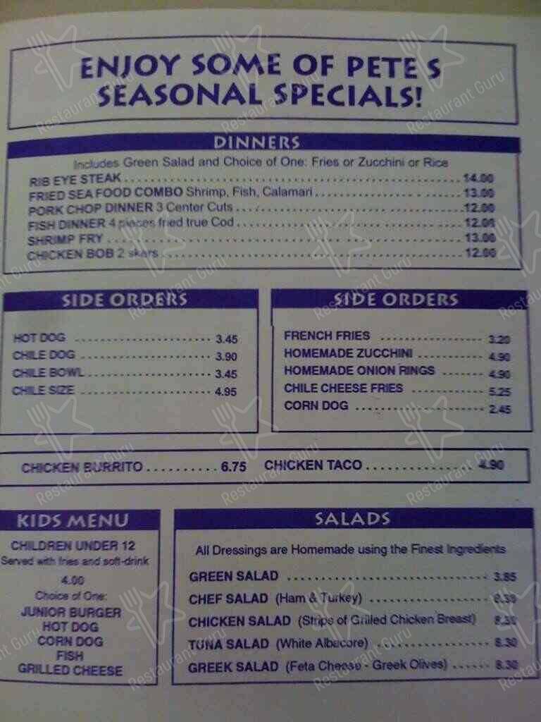 Menu at Pete's Place restaurant, Oakhurst