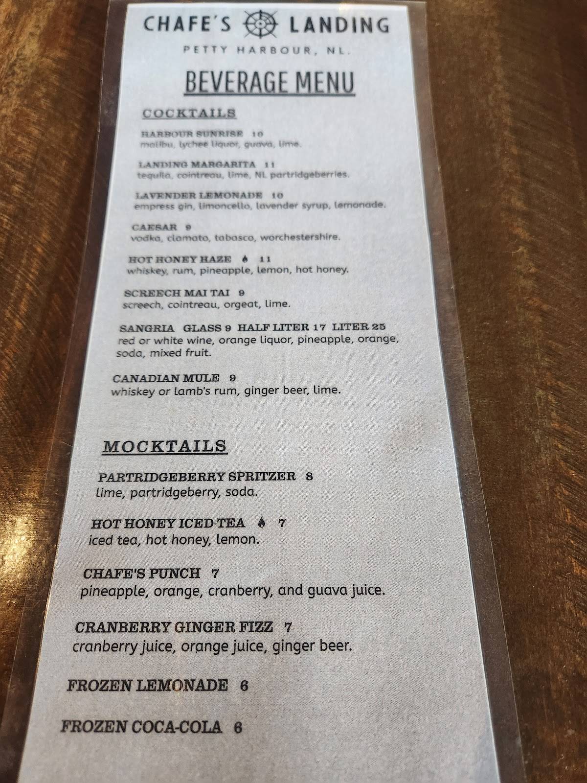 Menu at Chafe's Landing Restaurant, Petty Harbour-Maddox Cove