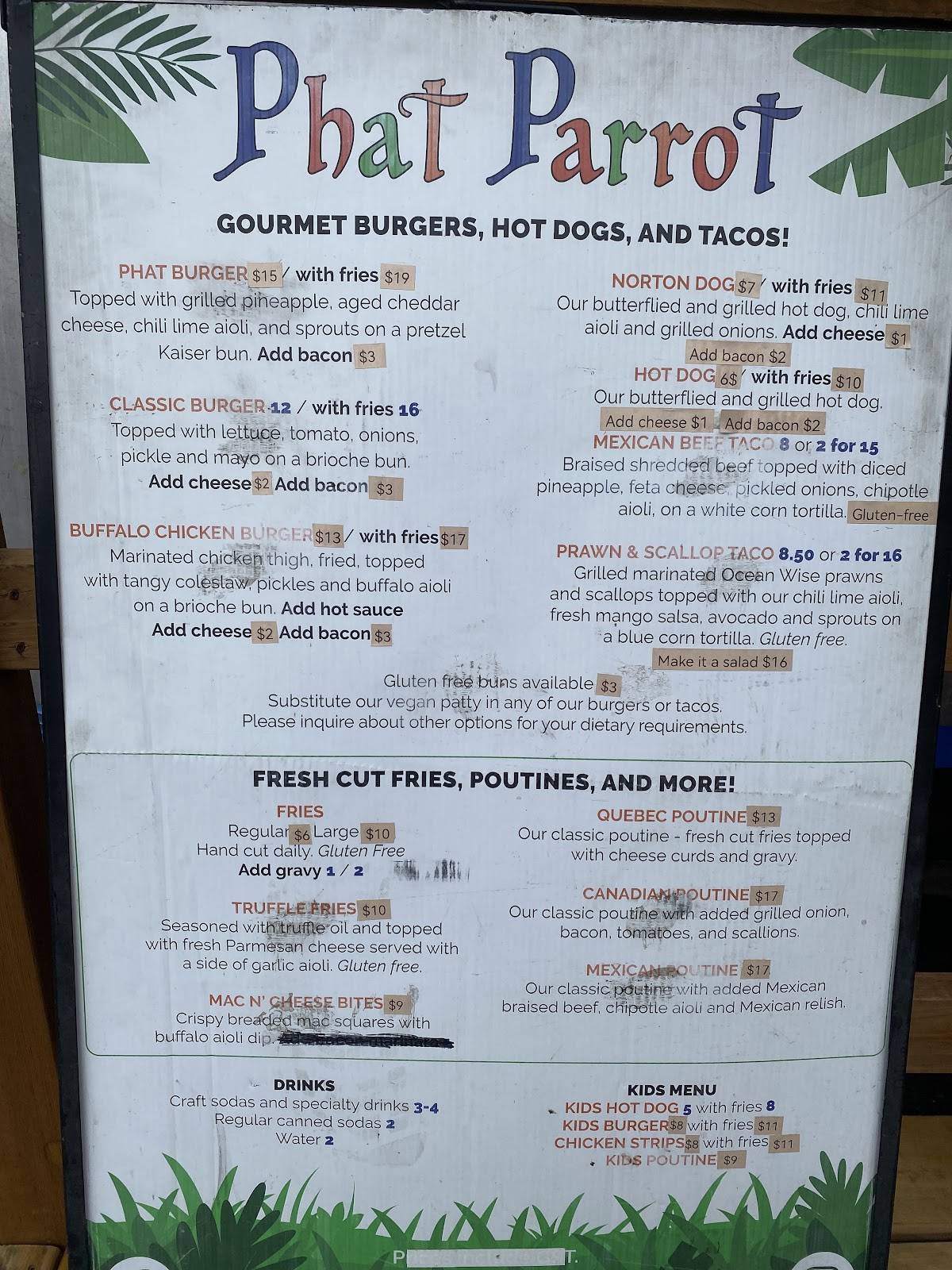Menu at Phat Parrot restaurant, Courtenay