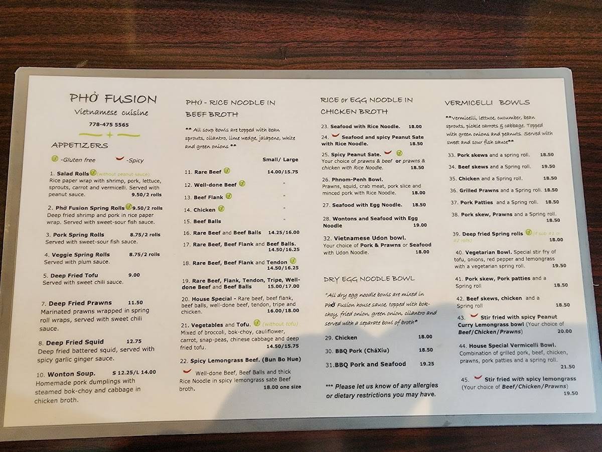 Menu at Pho Fusion restaurant, Vernon