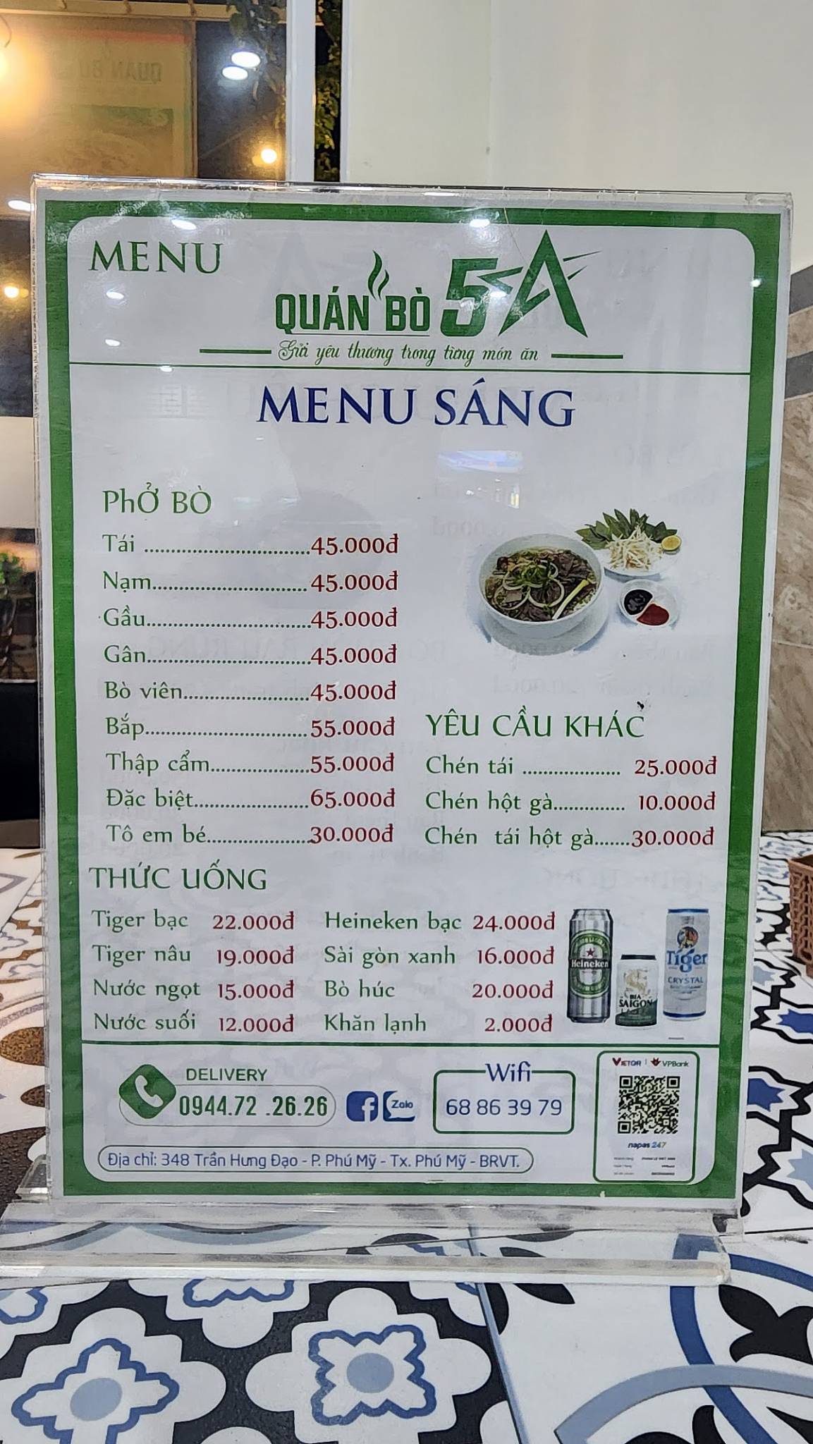 Menu at Phở Ngon 5A Bò cuốn rau rừng, Vietnam