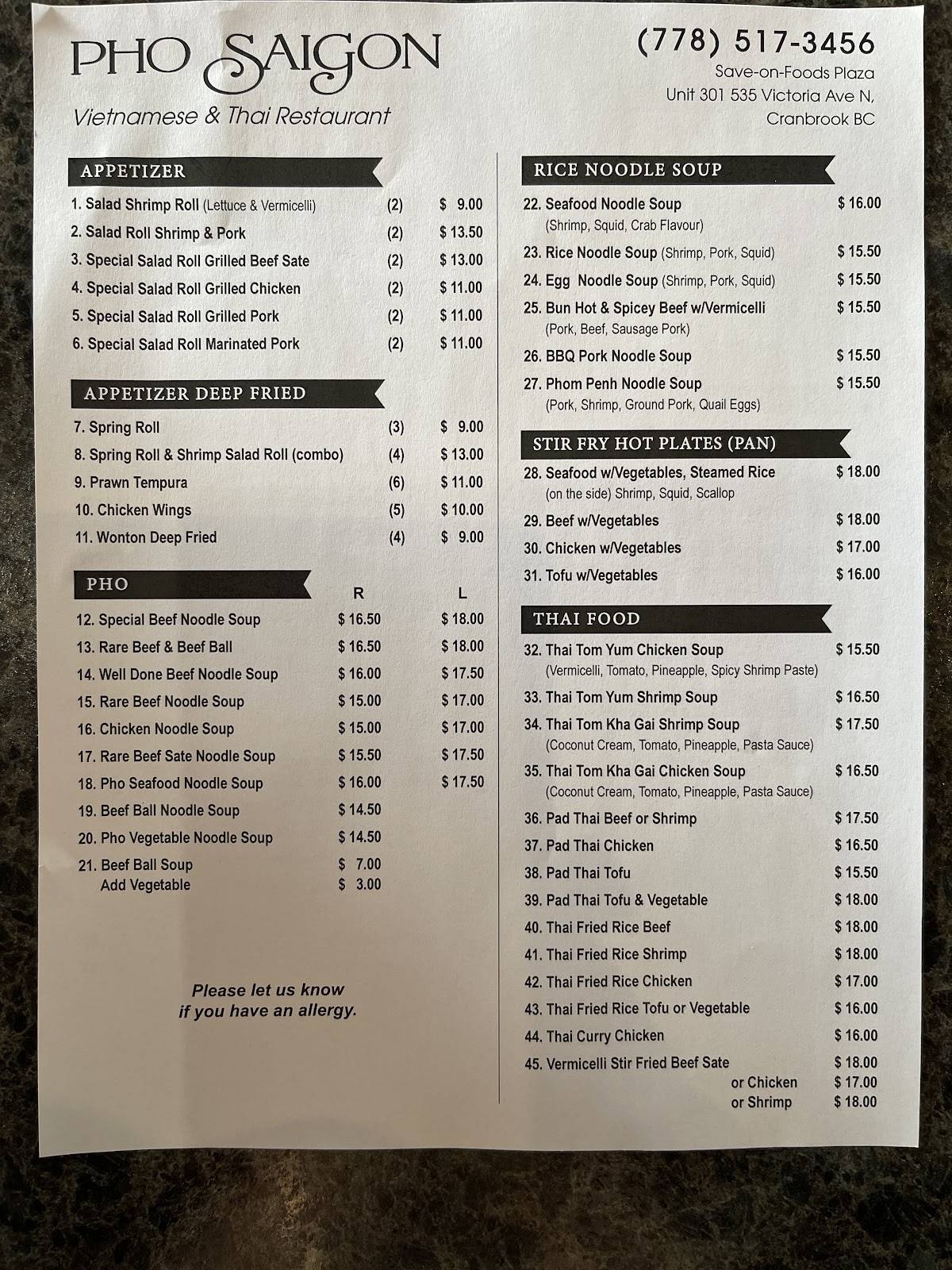Menu at Pho Saigon restaurant, Cranbrook