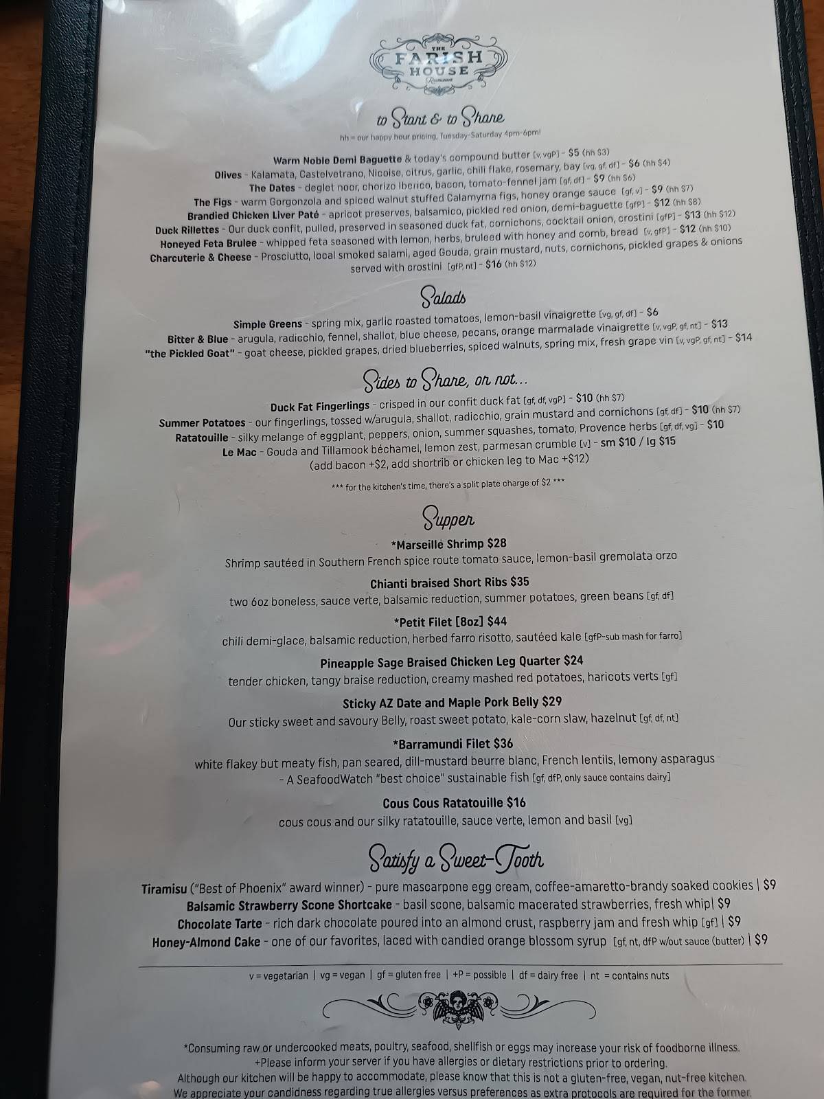 Menu at The Farish House restaurant, Phoenix