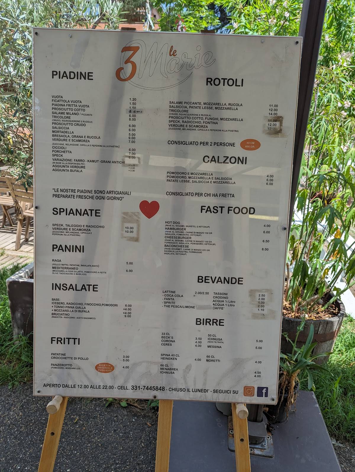 Menu at Piadineria Le Tre Marie restaurant, Imola