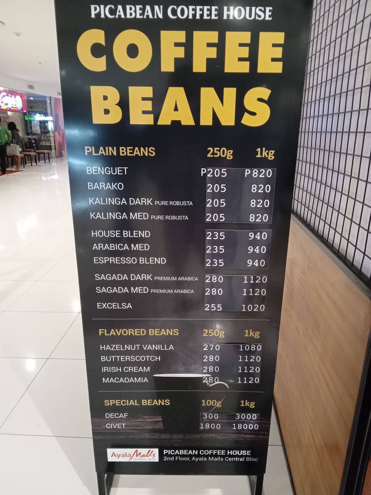 Menu at PicaBean - AyalaMalls Central Bloc cafe, Cebu City