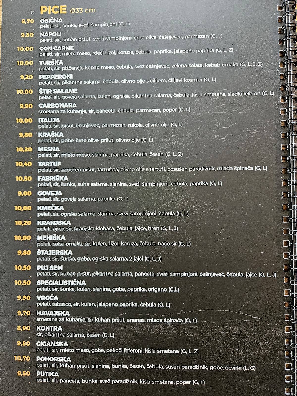 Carta del restaurante Picerija PUJ SEM, Slovenska Bistrica