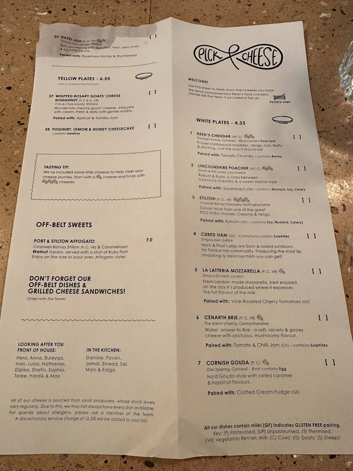Menu at Pick & Cheese restaurant, London