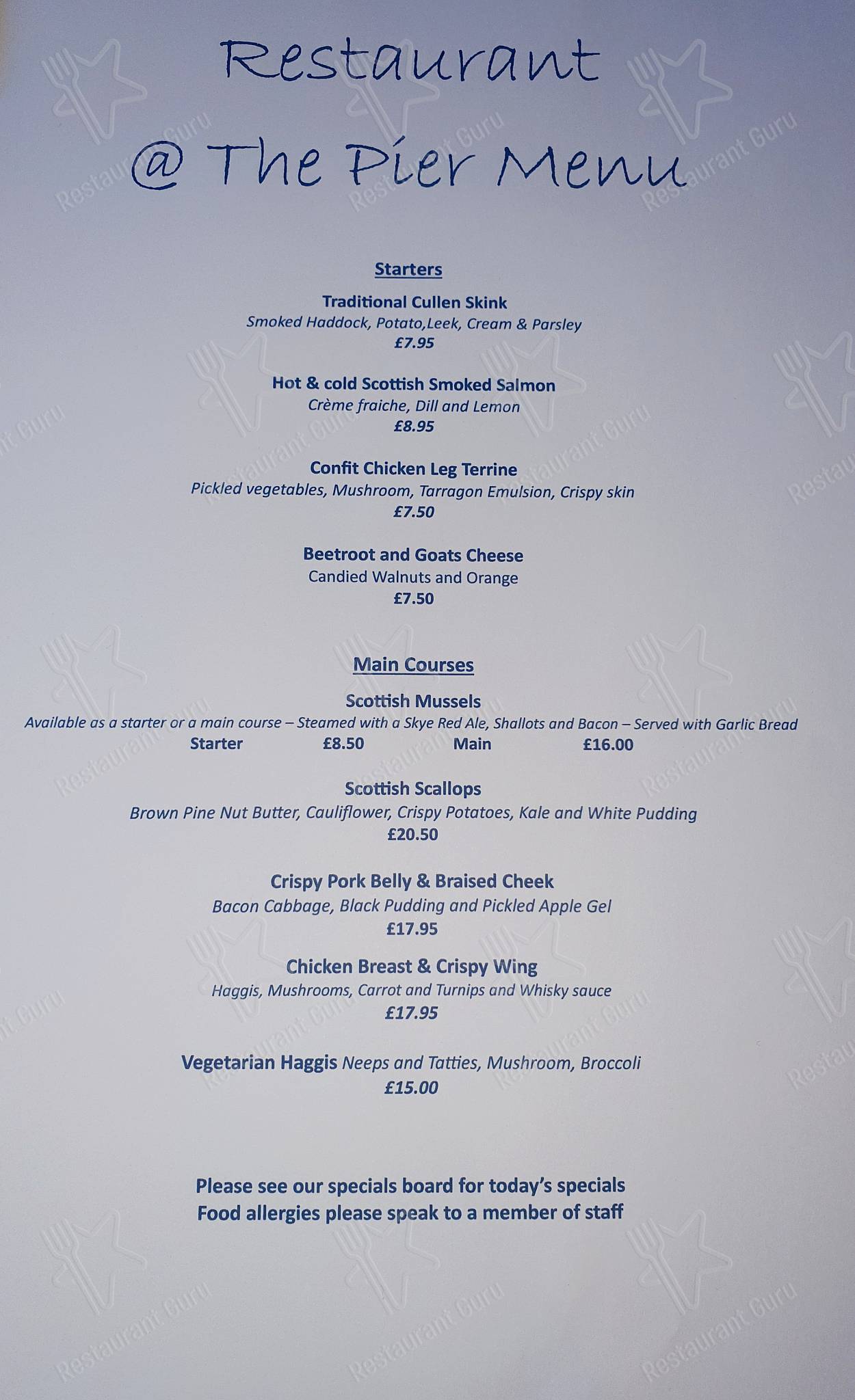 Menu at Pier Hotel Restaurant, Portree