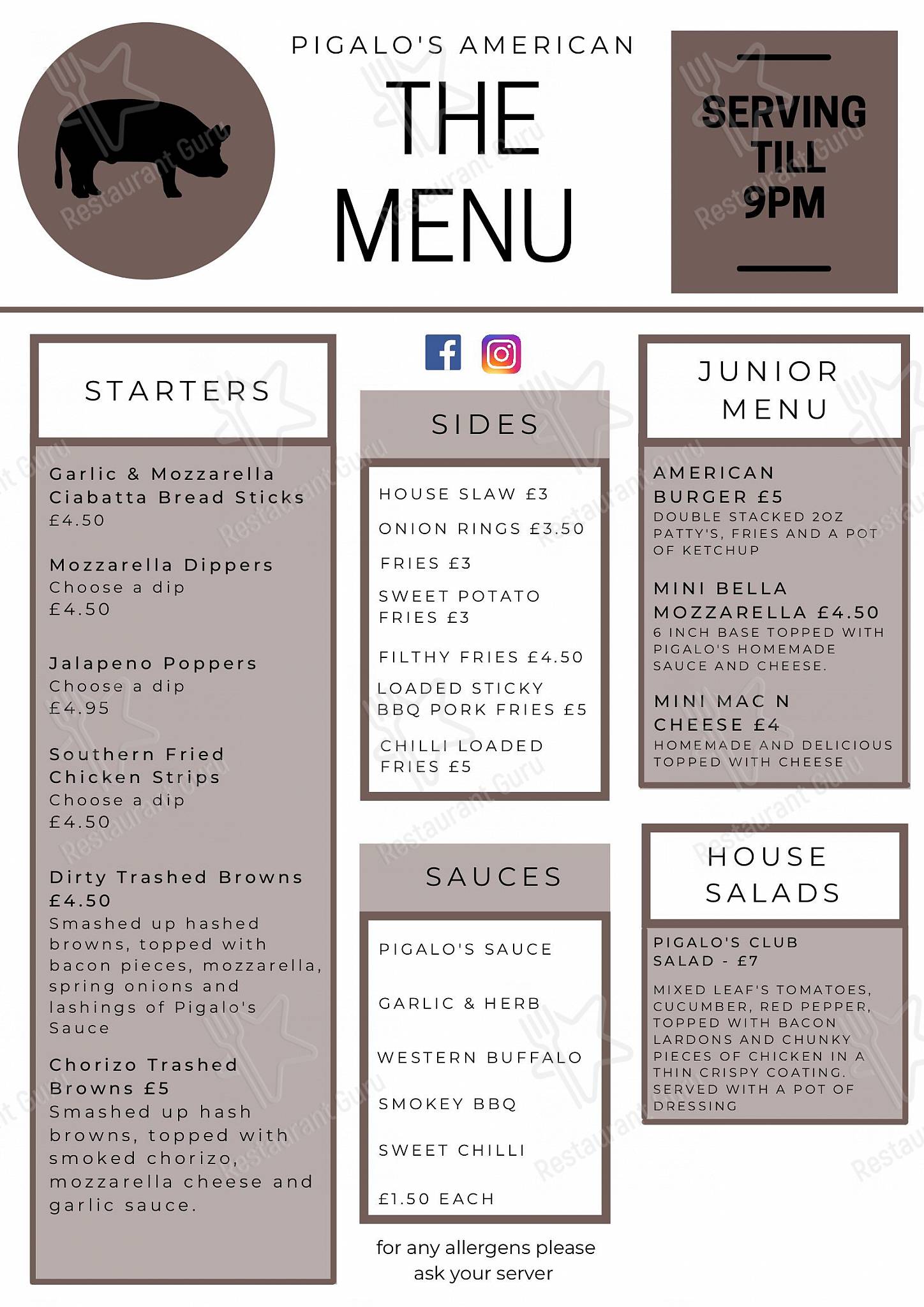 Menu at Pigalo's Speakeasy North Shields restaurant, North Shields
