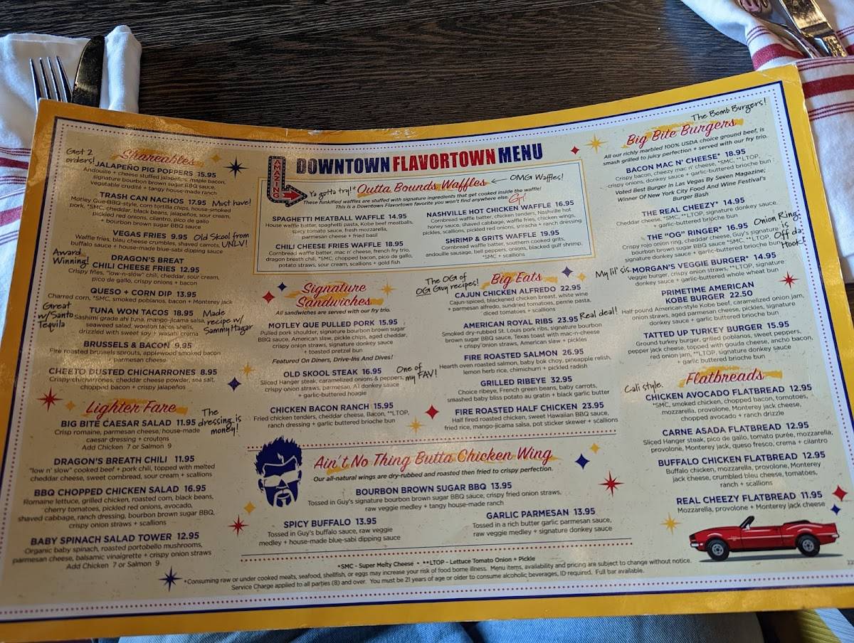 Menu at Downtown Flavortown restaurant, Pigeon Forge