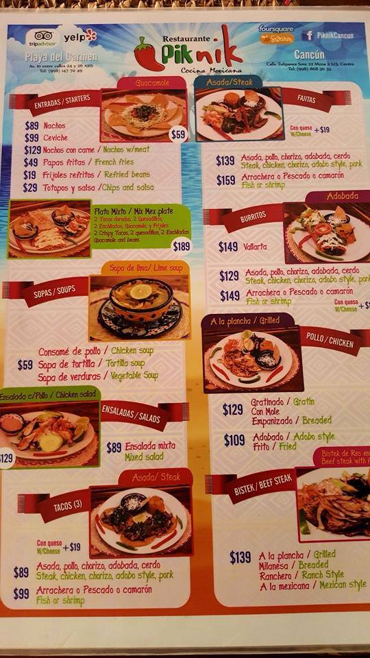 Menu at Pik Nik restaurant, Cancún, Tulipanes 22 Super Manzana 22 Manzana 2