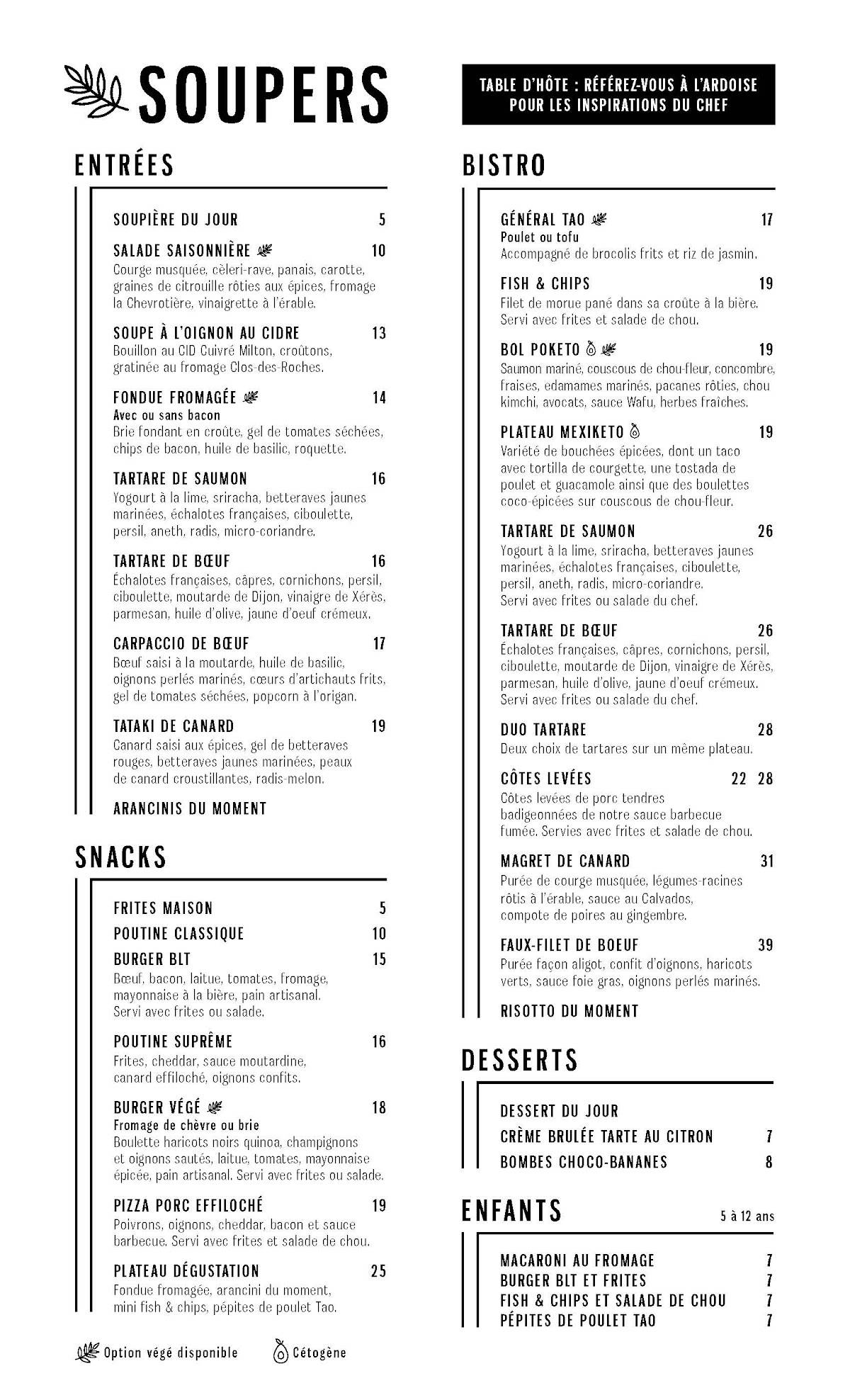 Menu at Pilote Restaurant, Trois-Rivières, Aéroport de Trois-Rivières