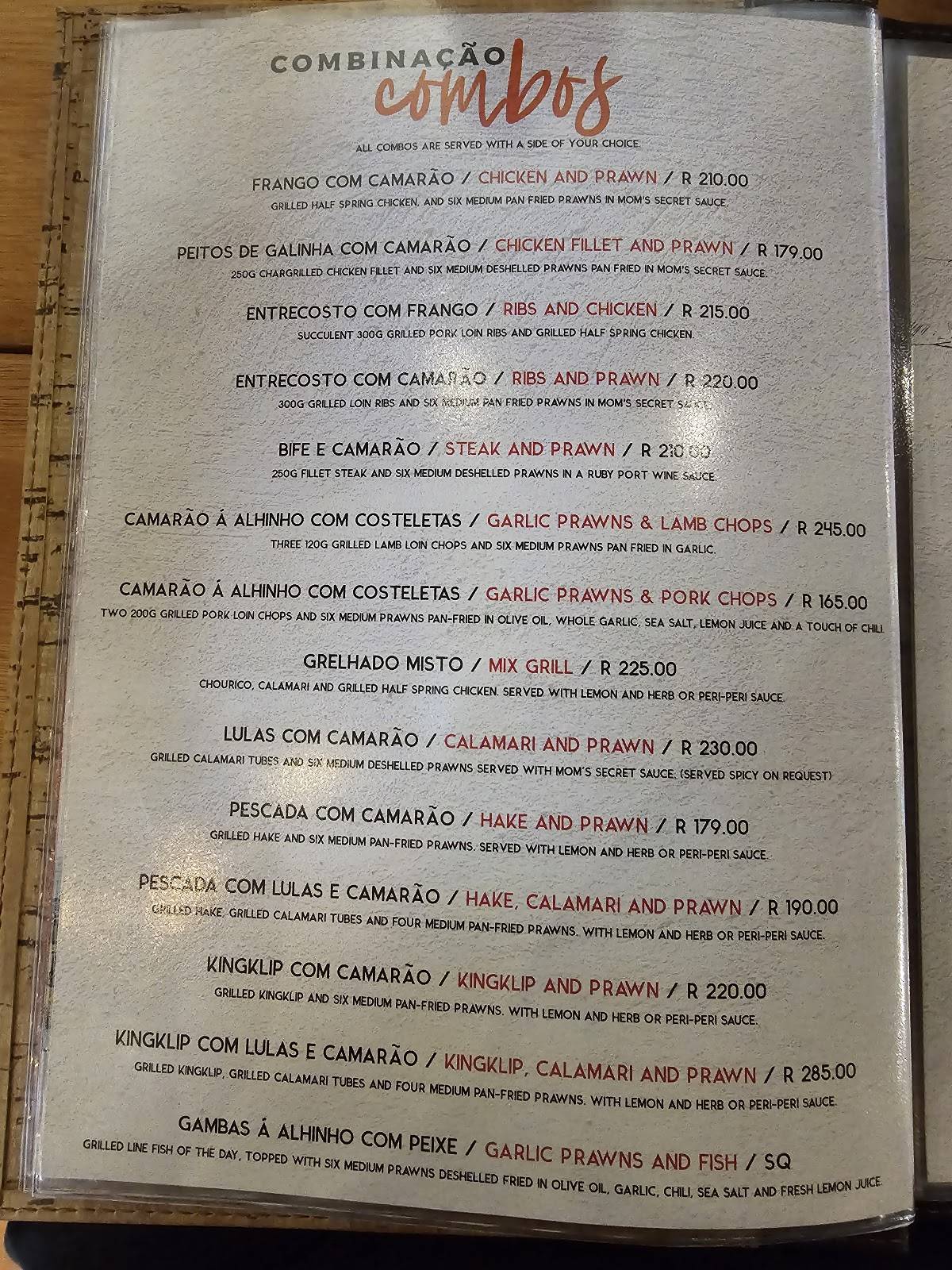 Menu at Pimenta Potchefstroom restaurant, Potchefstroom