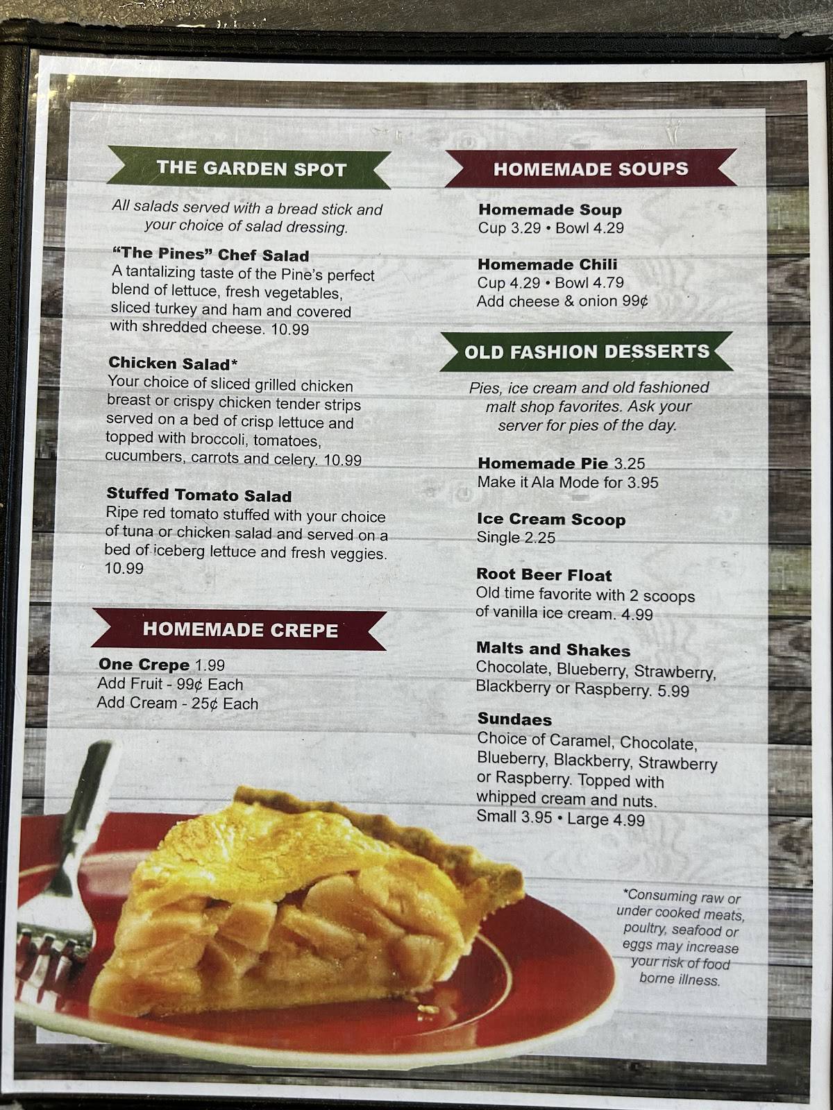 Menu at Pines Cafe, Ironwood