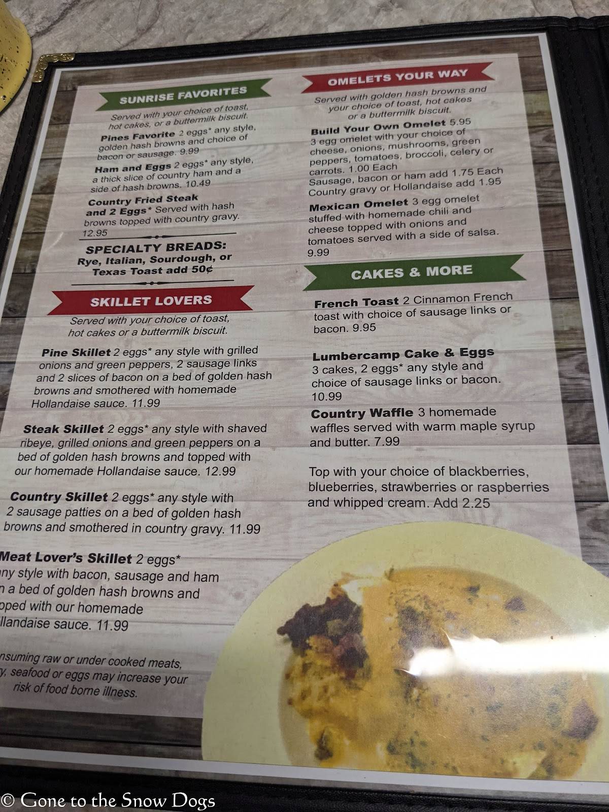 Menu at Pines Cafe, Ironwood