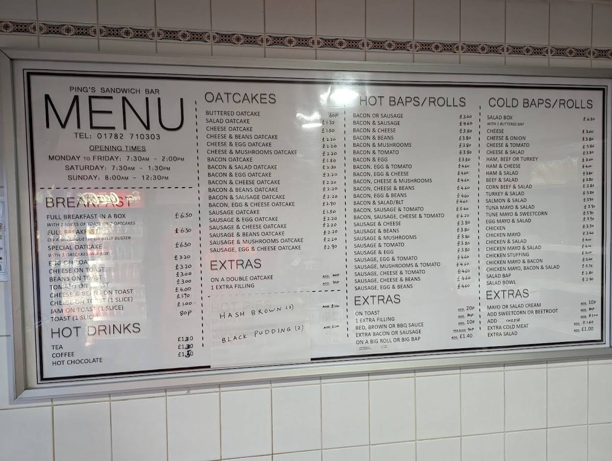 Menu at Ping's Sandwich Bar, Newcastle-under-Lyme