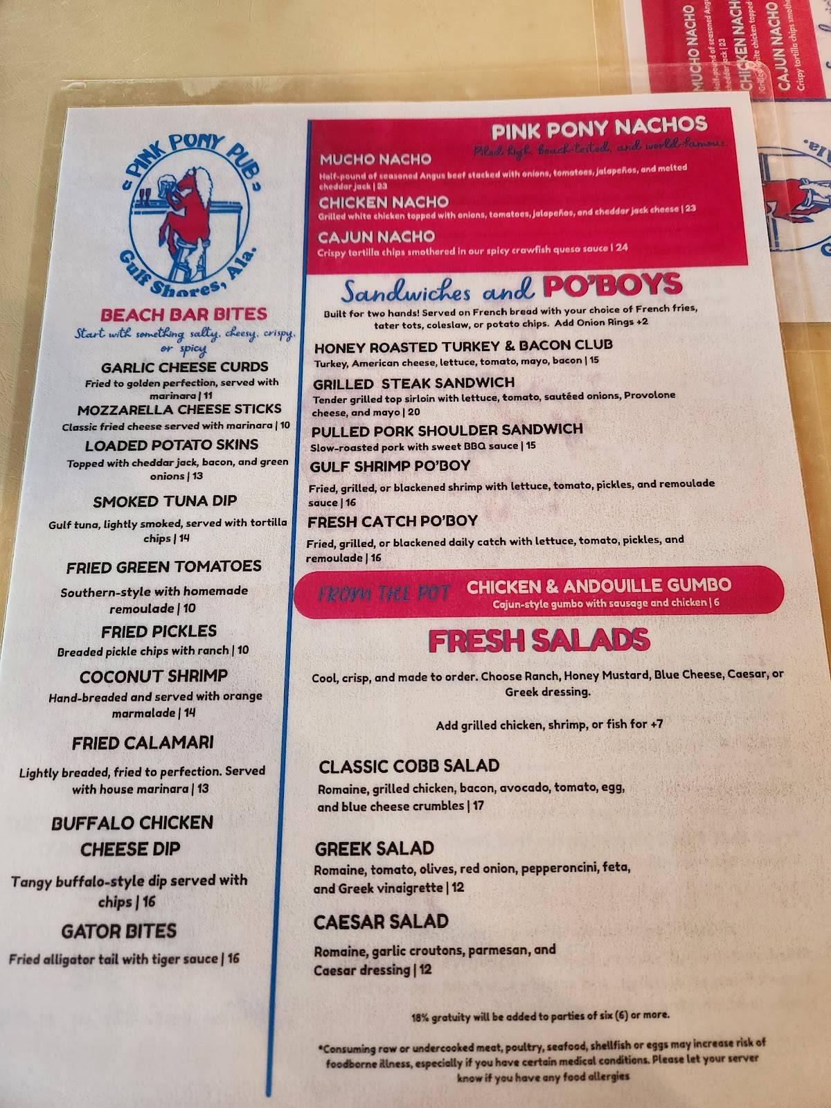 Menu at Pink Pony Pub, Gulf Shores