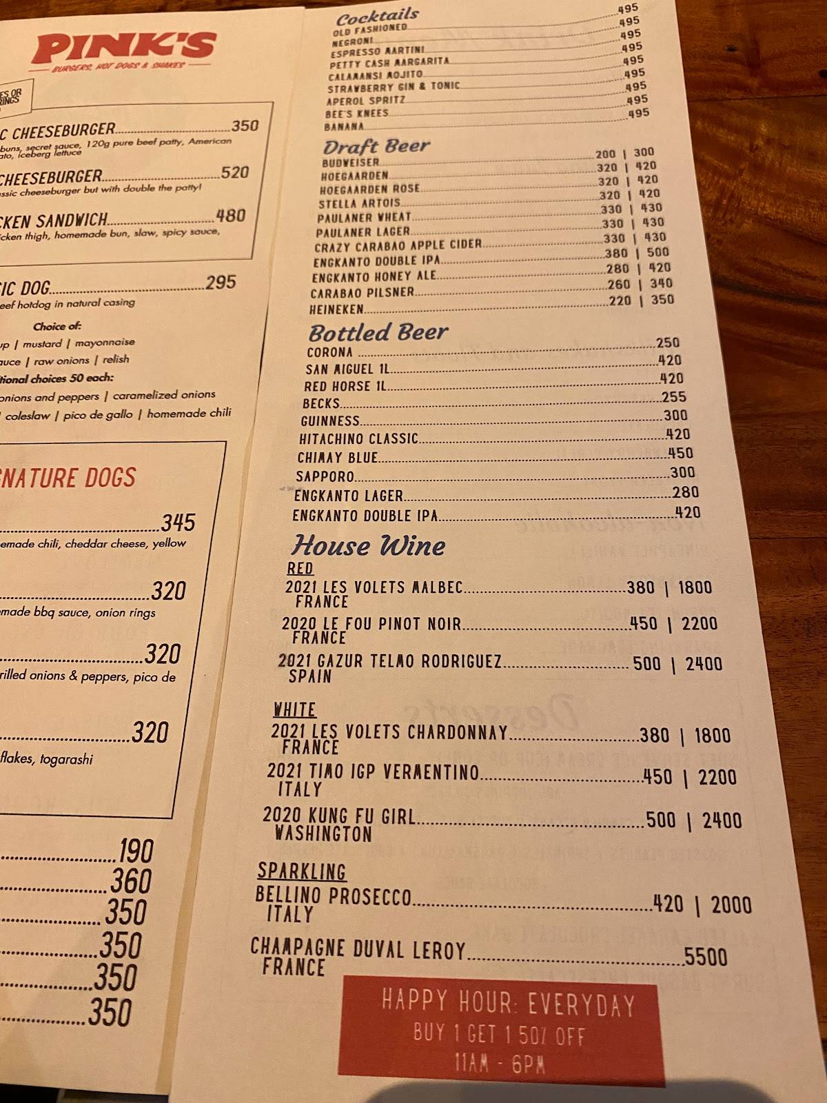 Menu at Pink's Hot Dogs BGC pub & bar, Taguig, G/F