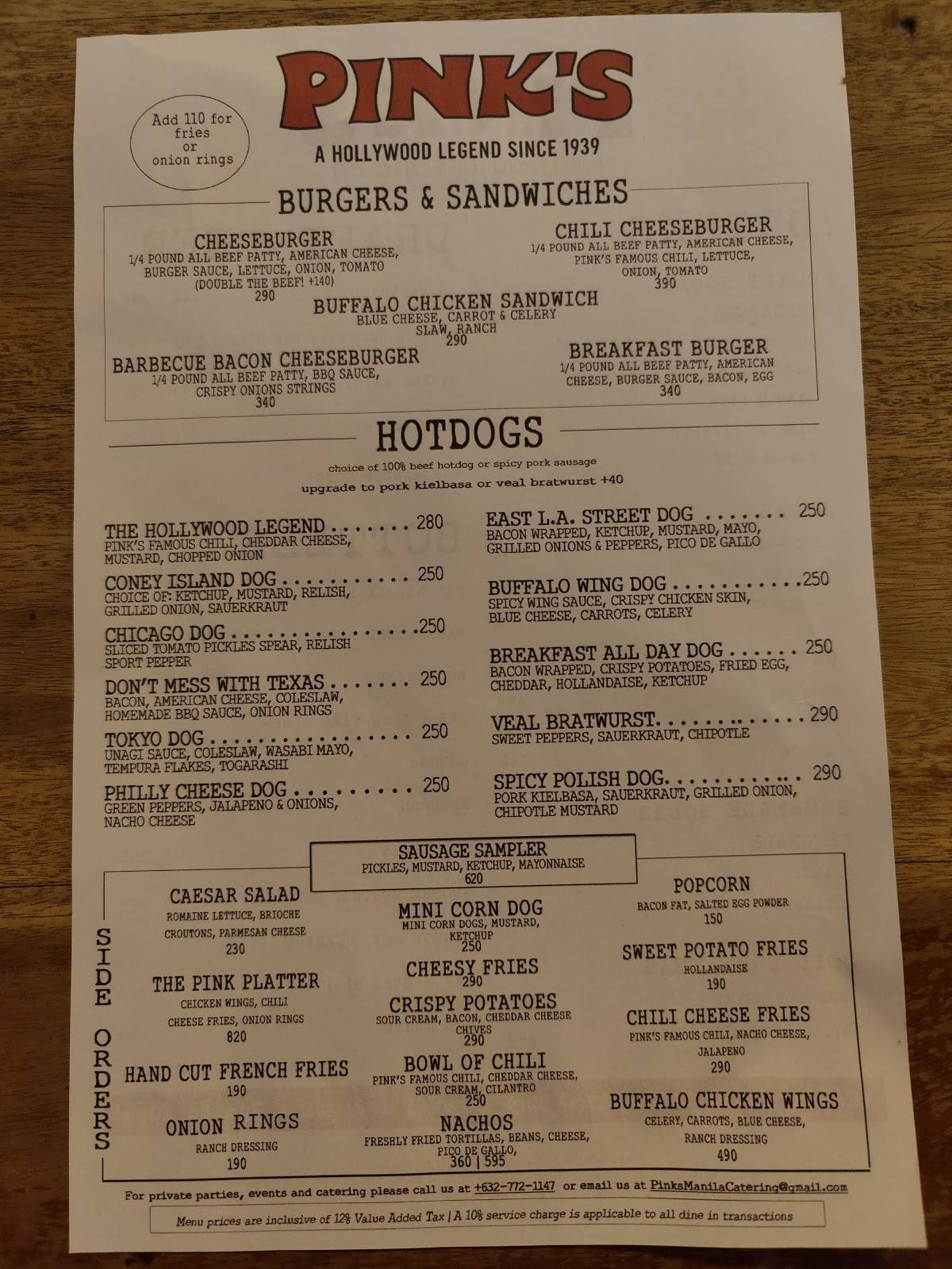 Menu at Pink's Hot Dogs BGC pub & bar, Taguig, G/F