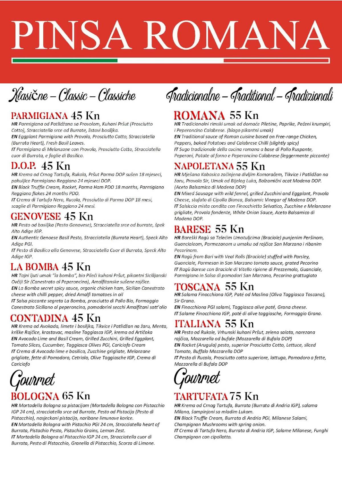 Menu au Pinsa Romana restaurant, Split