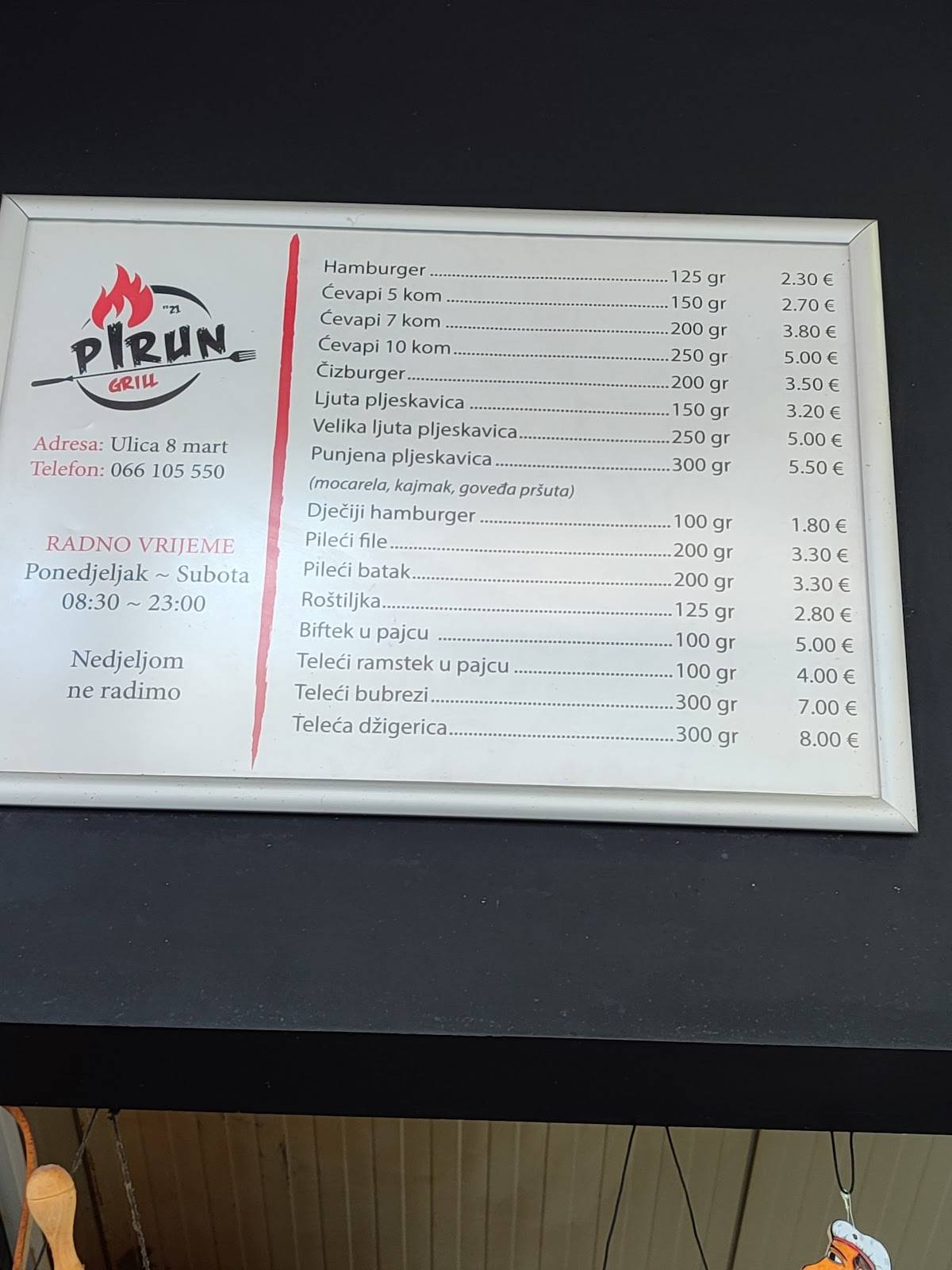 Menu at Pirun Grill restaurant, Podgorica