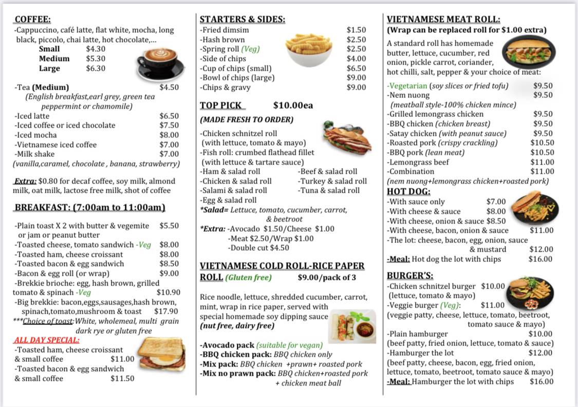 Menu at Pitt Street Cafe, Adelaide