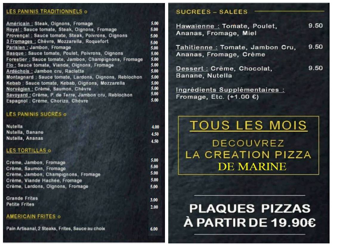Menu au Pizz’ à Marine restaurant, Rochegude