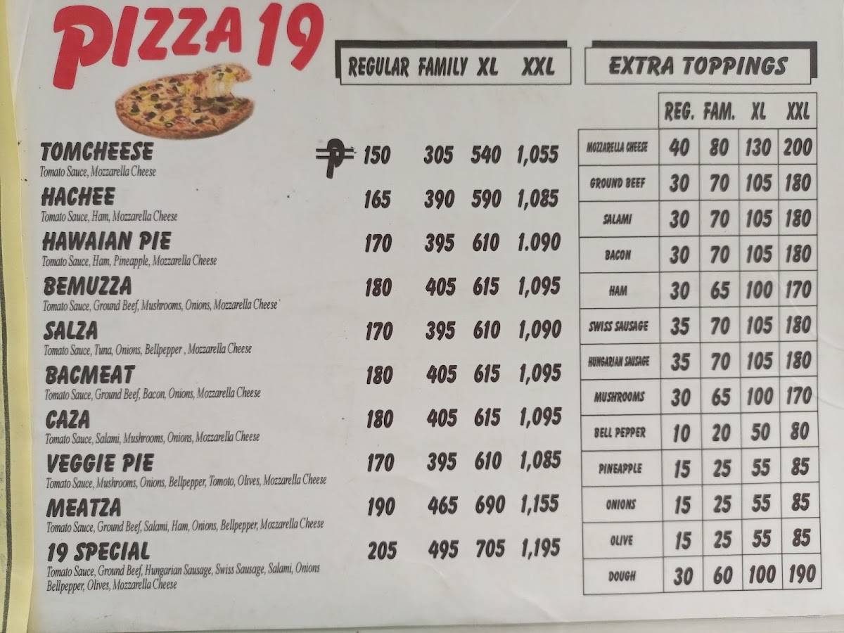 Menu at Pizza 19 restaurant, Bacolod