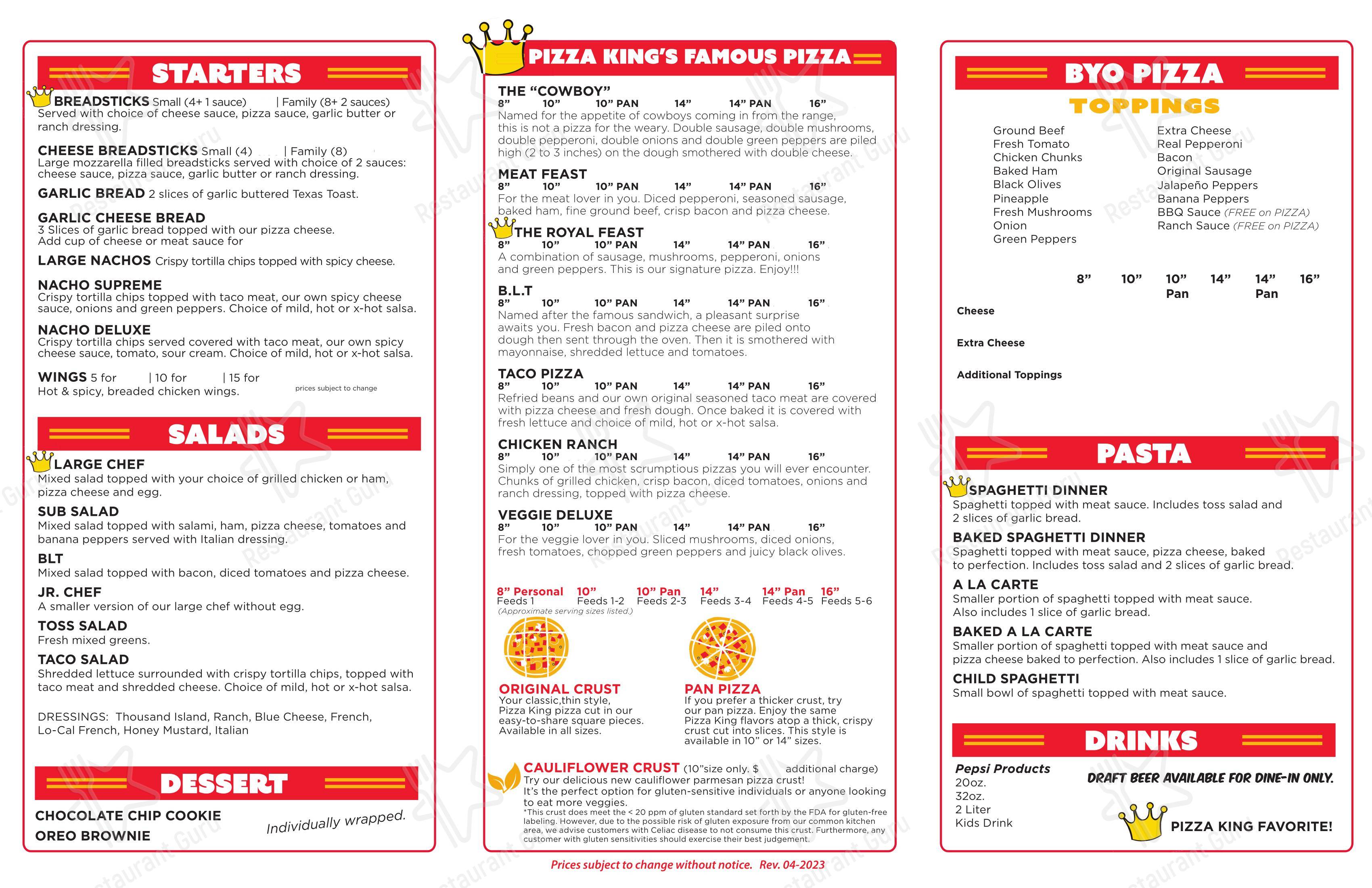 Menu at Pizza King pizzeria, Greensburg, N Lincoln St