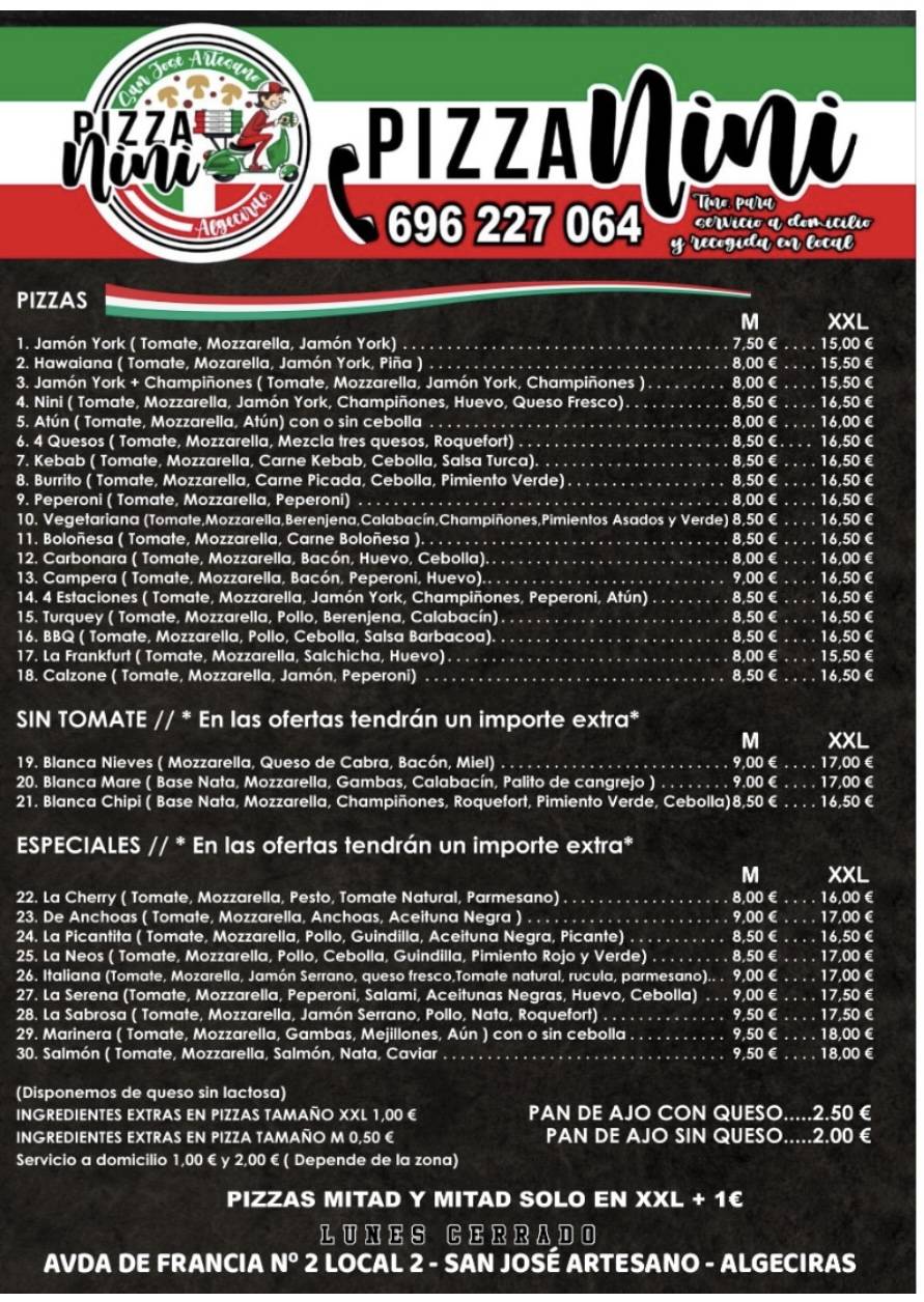 Carta del restaurante Pizza Nini, Algeciras