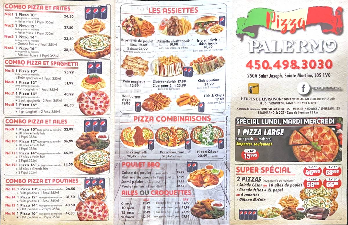 Menu au Pizza PALERMO restaurant, Sainte-Martine