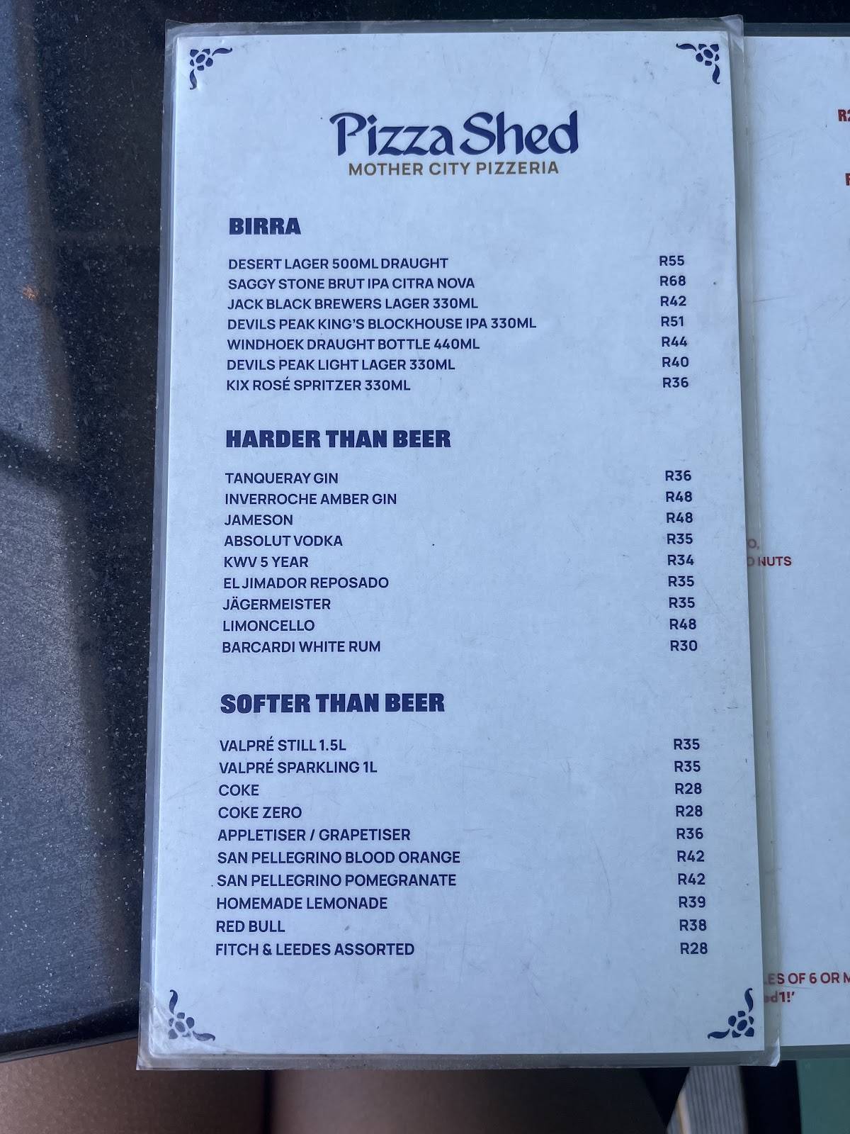Menu at Pizza Shed Observatory pizzeria, Cape Town, 242 Lower Main Rd