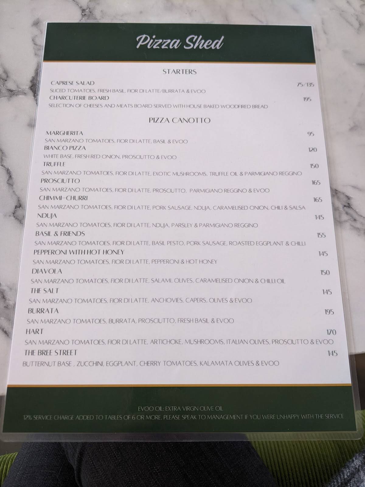Menu at Pizza Shed Observatory pizzeria, Cape Town, 242 Lower Main Rd