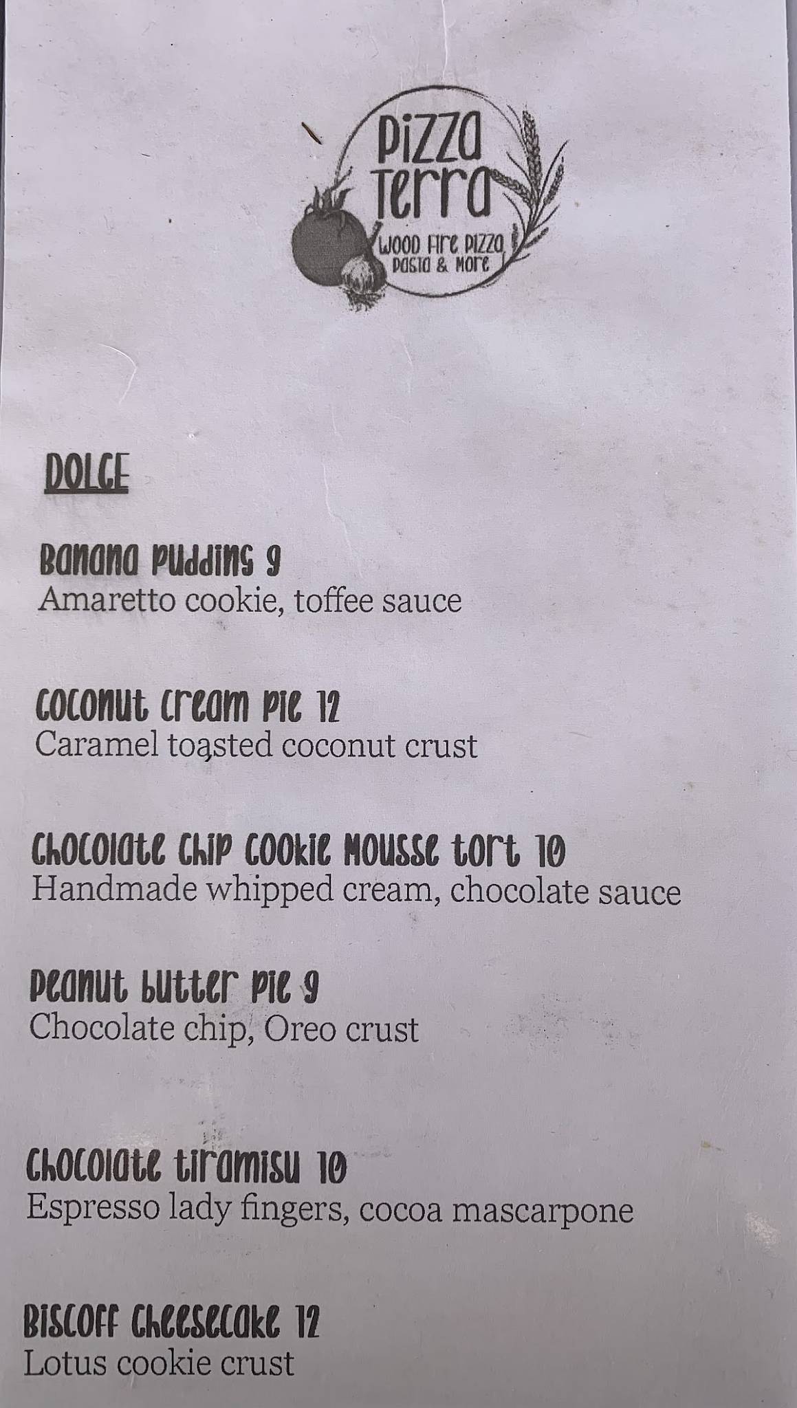 Menu at Pizza Terra pizzeria, Burns Harbor