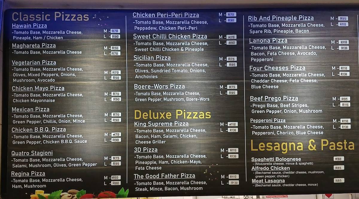 Menu at Pizza king, Bronkhorstspruit