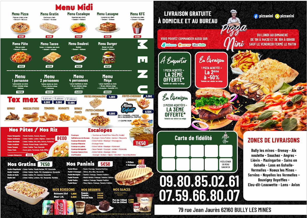 Menu au PizzaNini restaurant, Bully-les-Mines